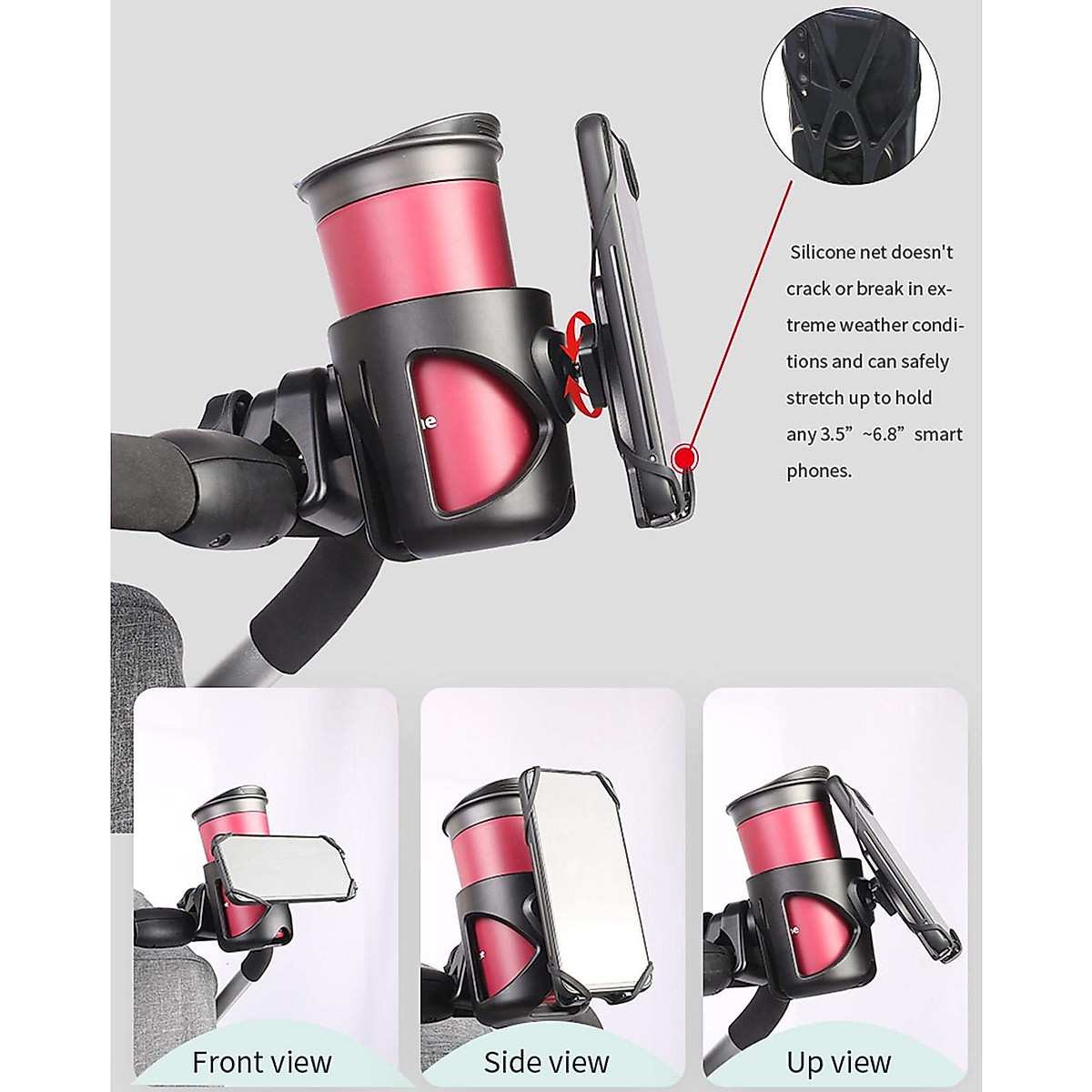 2 in 1 Stroller Cup Holders, 360 Degrees Rotation Universal Cup Holder Rack Bottle Holder with Phone Holder for Buggy Pushchair Wheelchair