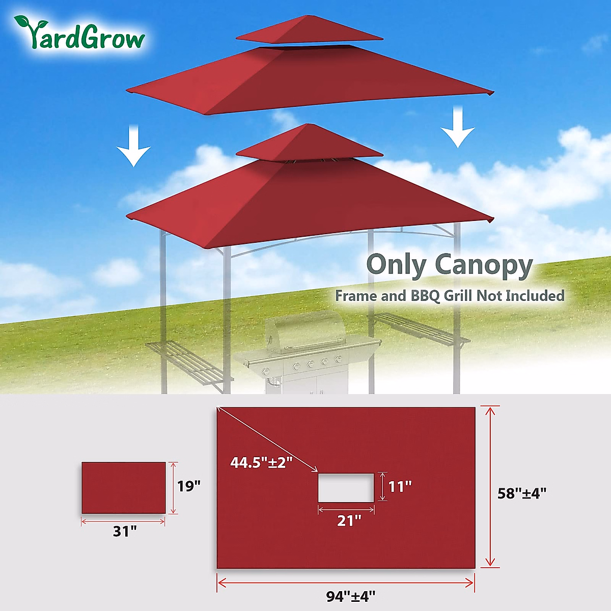 YardGrow 5x8FT BBQ Grill Gazebo Replacement Canopy Roof Double Tiered Outdoor Grill Shelter Canopy Top (Burgundy)