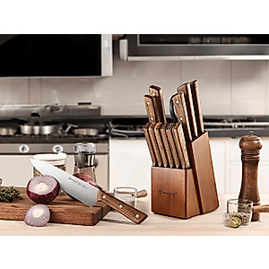 Emojoy Knife Set, 15-Piece Kitchen Knife Set with Block Wooden, Kitchen Knives Sharpener and Scissors German Stainless Steel (Brown)