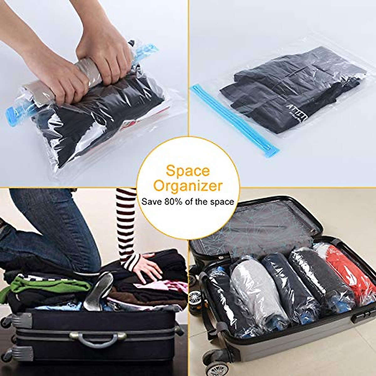 Space Saver Bags for Travel 10 Pack Compression Bags for Travel -Travel Accessories- Vacuum Bags for Travel No Vacuum Pump Needed, Roll-up Vacuum Storage Bags for Travel and Luggage Packing-Organizers