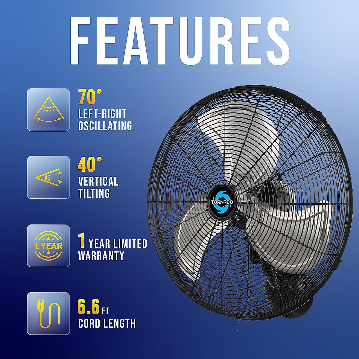 Tornado 20 Inch Pro Series High Velocity Oscillating Wall Mount Fan For Industrial, Commercial, Residential Use 3 Speed 5250 CFM UL Safety Listed