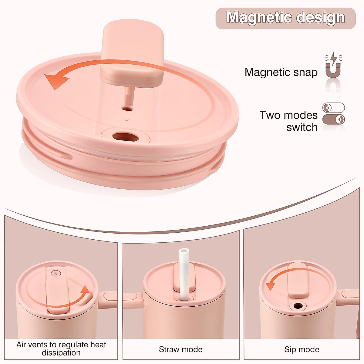 40oz Magnetic Lid Insulated Tumbler with Handle, 360° Rotating & Removable Cover, Leak-Proof Travel Mug with Soft Silicone Straw for Drivers, Commuters, Road Trips, Dishwasher Safe (Pink)