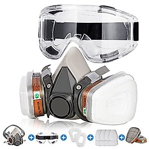 Reusable Half Facepiece Cover Set w/Safety Goggles & Filters Against Dust Organic Vapors Gas Pollen Chemicals Suitable for Painting Spraying Sanding Welding Woodworking Epoxy Resin & Other Protection
