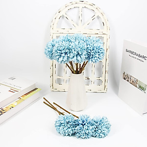 Tinsow 12 Pcs Artificial Flowers Faux Ball Chrysanthemum Bouquet Silk Light Blue Flowers Bridal Wedding Bouquet for Home Easter Party Wedding Decoration (Light Blue, 12)