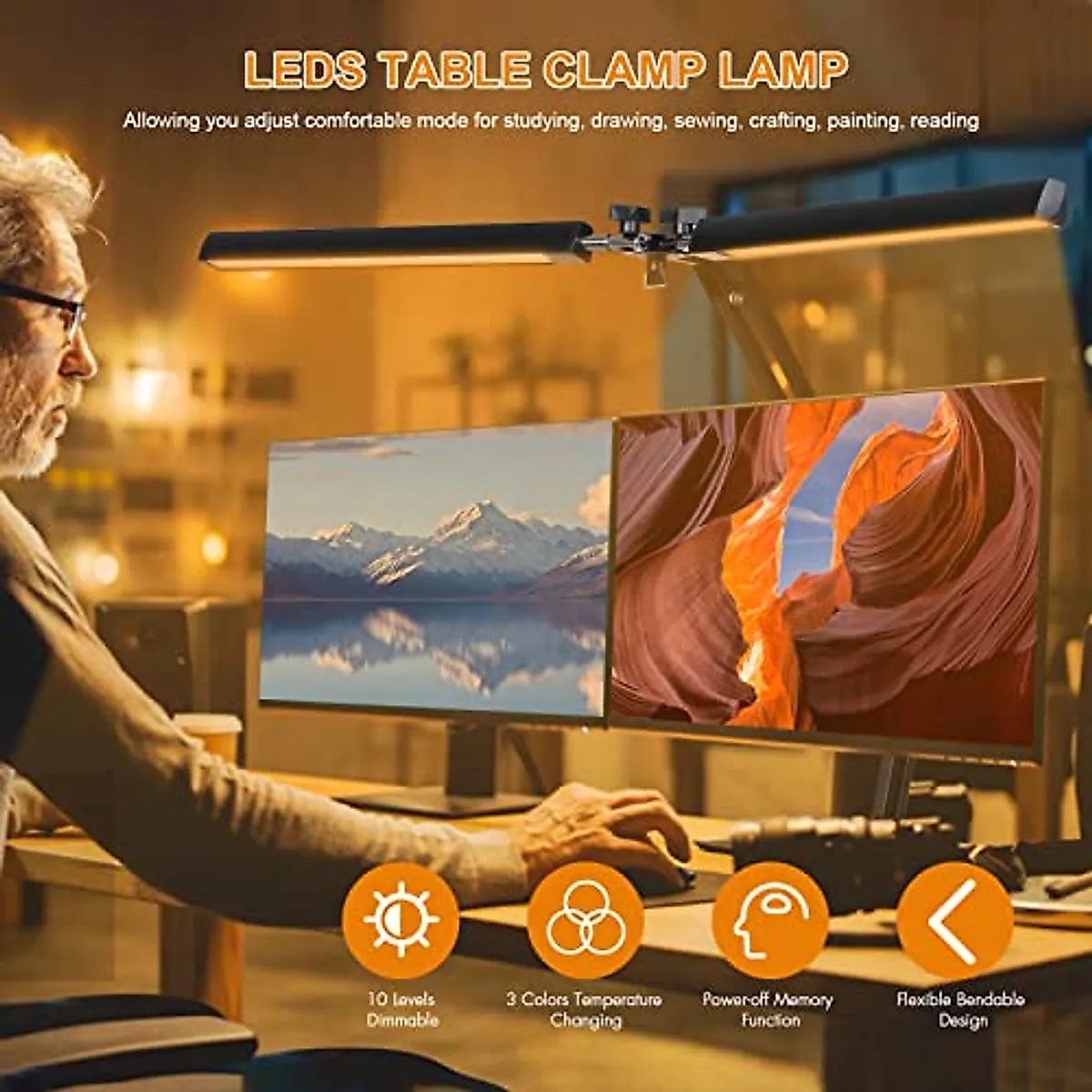 Neoglint Desk Lamps for Home Office Double Head - Modern Swing Arm Table Lamps with Clamp, 24W Large Bright Architect Desk Lights, 3 Color 10 Brightness & Memory Function Adjustable Task Lamp