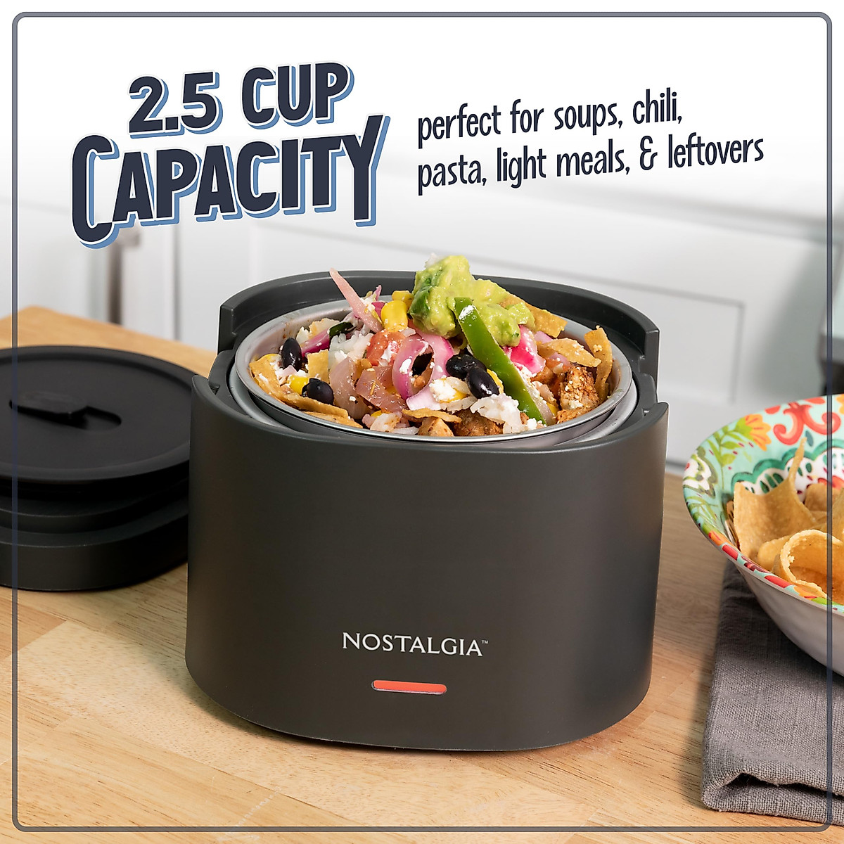 Nostalgia Portable 20-Ounce Electric Heated Lunch Box – Travel Size 2.5 Cup Capacity for Soup, Chili, and Leftovers – Leak Proof Silicone Sealed Lid, Foldable Carry Handle, Detachable Cord – Black