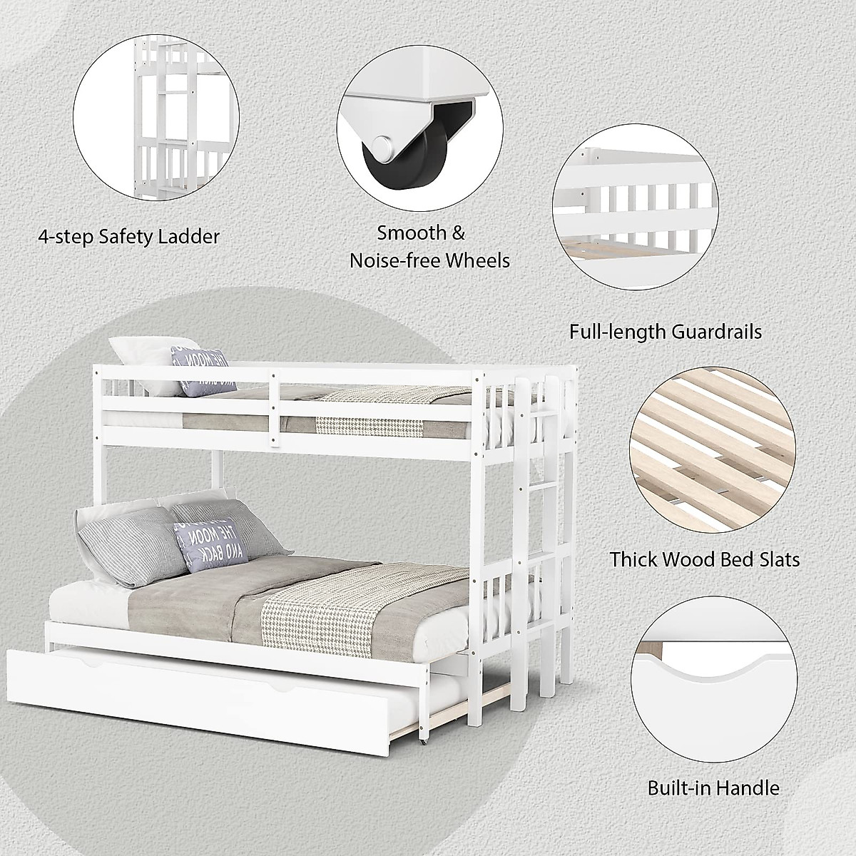 KOTEK Pull-Out Bunk Bed with Trundle, Twin Over Full, Twin Over 2 Twins Bunk Bed with Ladder & Safety Rails Accommodate 4 People, Detachable Solid Wood Bunk Bed for Kids, Adults (White)
