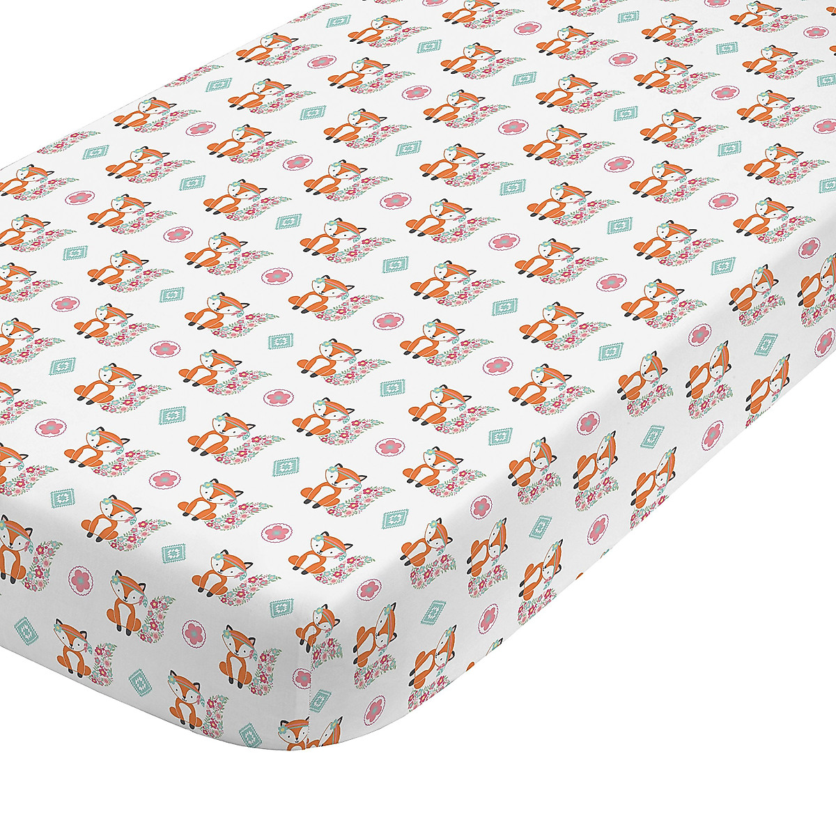 NoJo Aztec Mix & Match 100% Cotton Teal Floral Fox Fitted Crib Sheet, Pink, Orange, Aqua, White