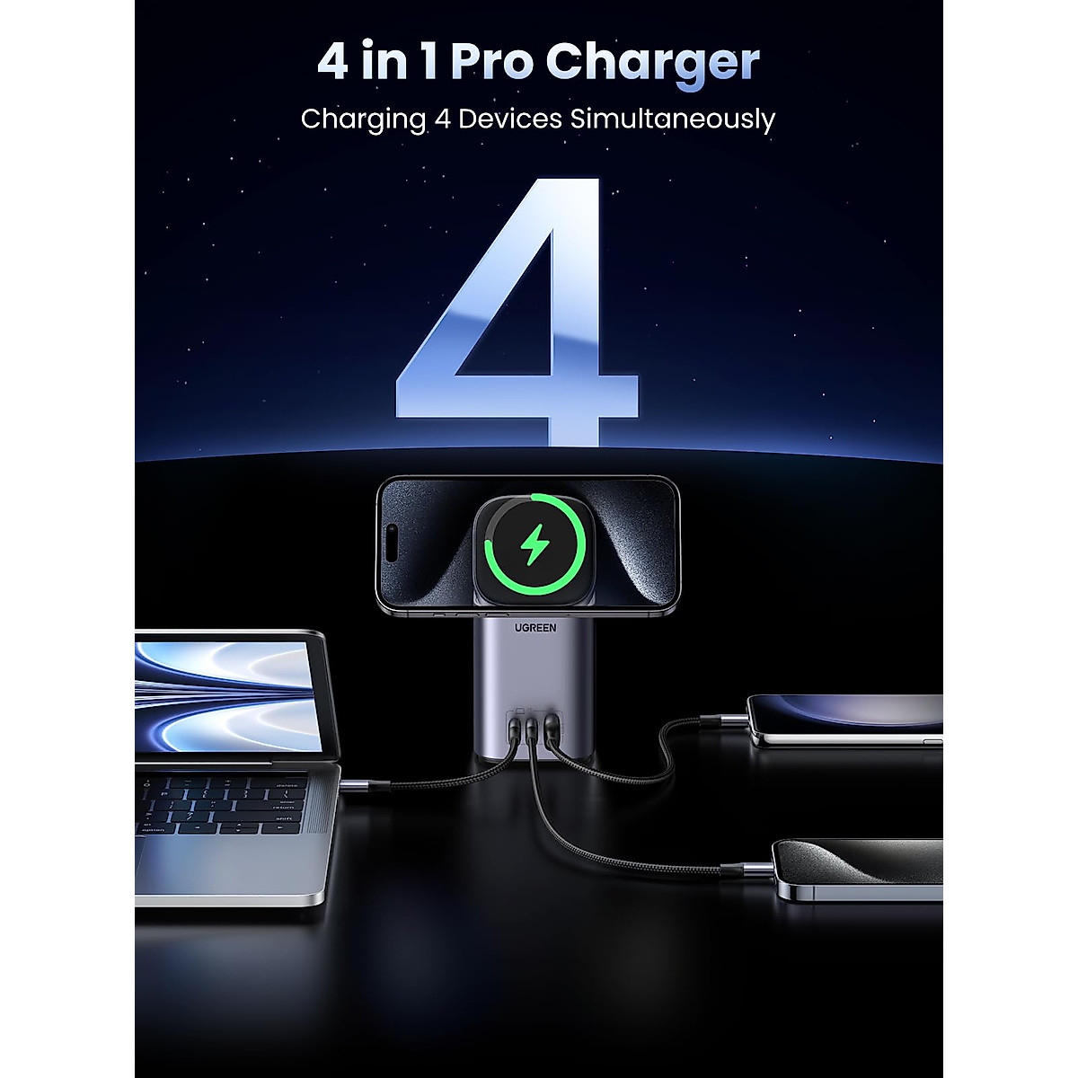 UGREEN MagSafe Charger Stand, Nexode 100W USB C Charger 4 in 1 with 15W MagSafe Wireless Fast Charging Station for iPhone 15 Pro Max/14/13/12, AirPods Pro, MacBook Pro, Galaxy S24