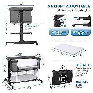 JOYMOR 4 in 1 Baby Bassinet,Bedside Sleeper Height Adjustable,Portable Playpen Nursery Center, Easy Folding for Travel,Includes Mattress,Carry Bag,Detachable Net