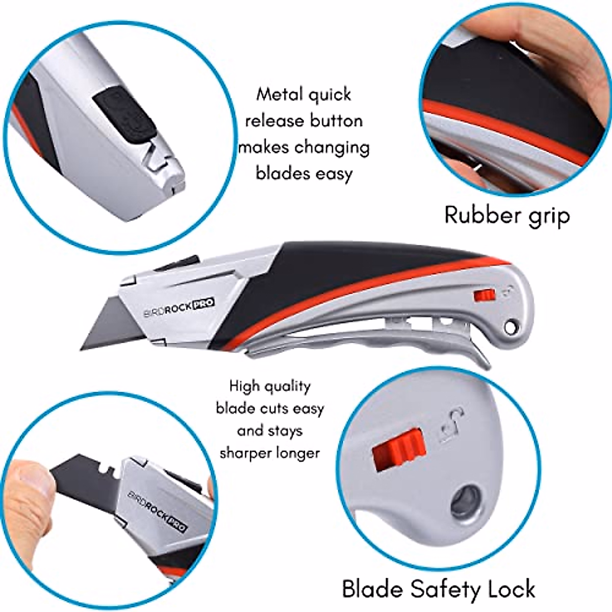 BIRDROCK HOME 1pk Professional Safety Utility Knife - Retractable - Heavy Duty Box Cutter - Safe Blade Lock - Extra Blades - Ergonomic Grip