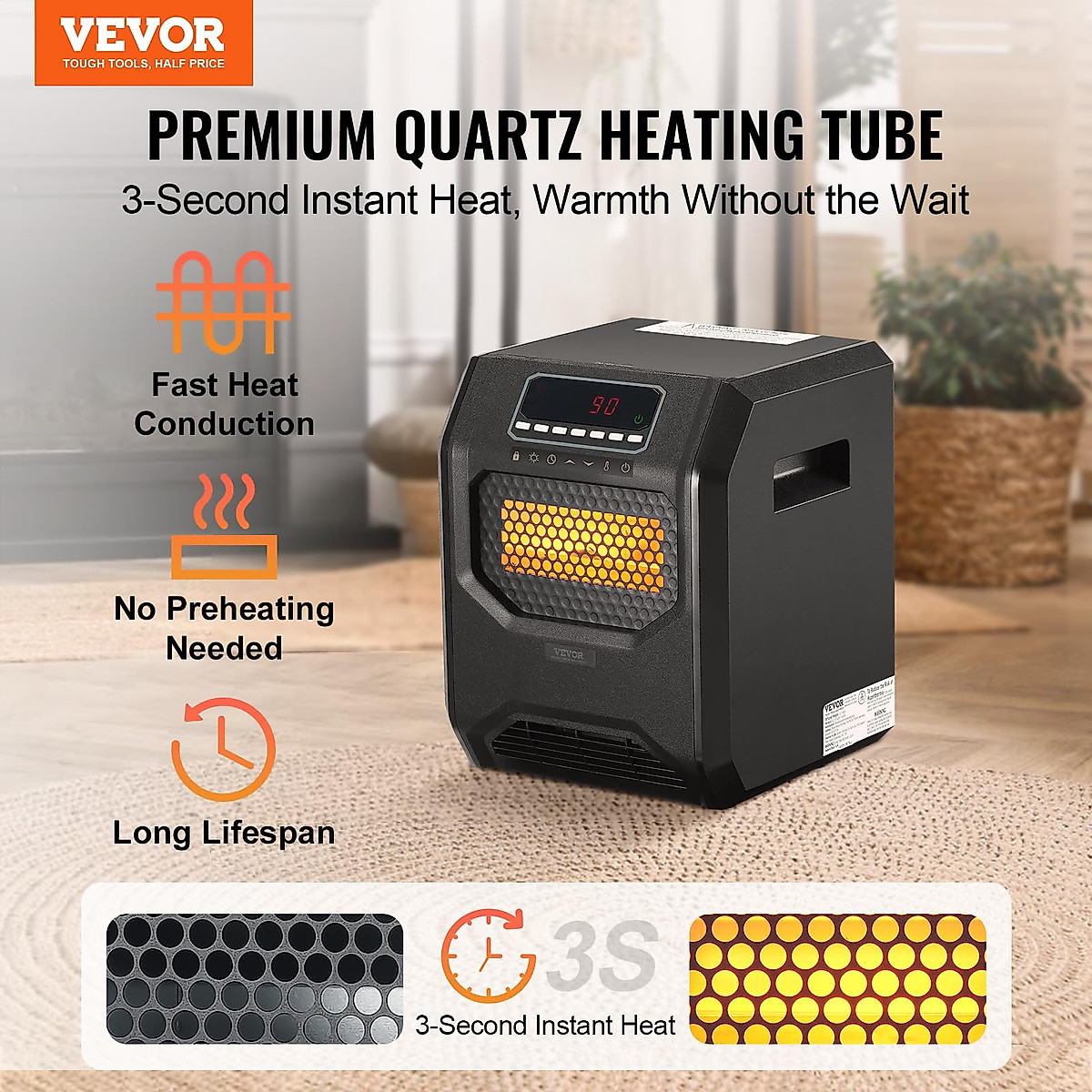 VEVOR Infrared Heater, 1500W Remote Control Electric Space Heater, LED Patio Heater w/ 3 Speeds & Timer & Overheat/Tip-Over Protection & Child Lock, for Bedroom,Living Room,Nursery,Studio,ABS