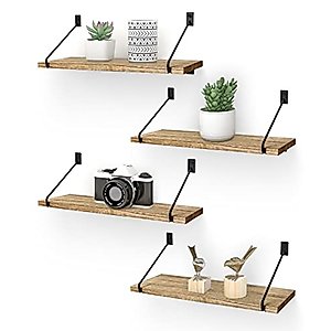 lamplig Floating Shelves Wall Mounted Set of 4, Rustic Wood Wall Storage Shelves with Black Metal Bracket Home Decor Storage Organizer for Bedroom, Living Room, Bathroom, Kitchen, Office