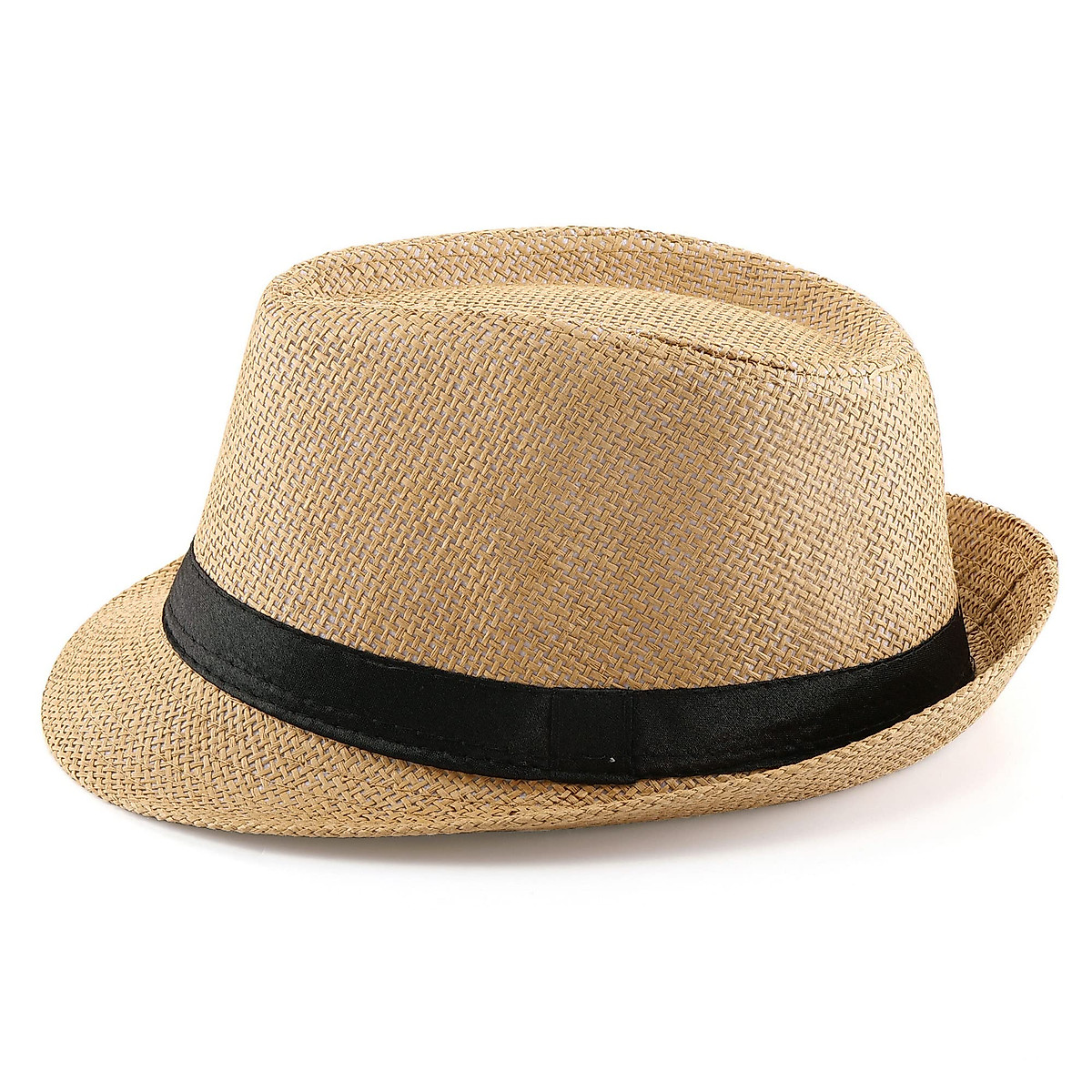 FALETO Unisex Summer Panama Straw Fedora Hat Short Brim Beach Sun Cap Classic (#01 Khaki)