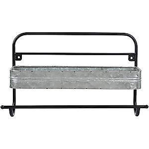 MyGift Silver Galvanized Metal Floating Shelf and Towel Bar with Black Metal Frame, Decorative Wall Display Shelf