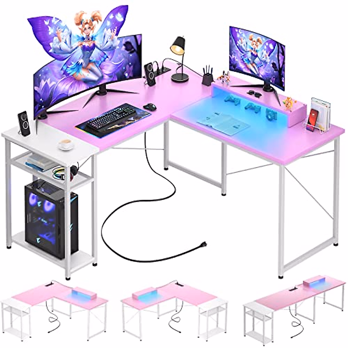Cyclysio L Shaped Desk with Power Outlets and USB Ports, Reversible L Shaped Gaming Computer Desk with LED Light, 83.5'' Large 2 Person Desk with Monitor Stand, L-Shaped Corner Desk, Pink and White