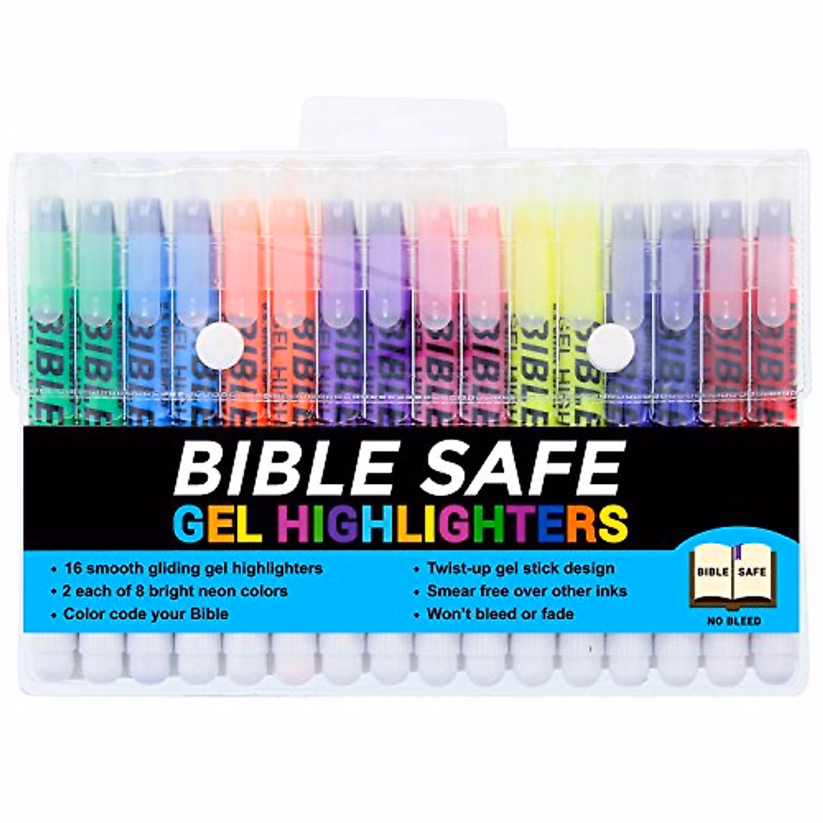 U.S. Office Supply Bible Safe Gel Highlighters, Pack of 16 - 2 Sets of 8 Bright Neon Fluorescent Highlight Colors Yellow, Orange, Pink, Purple, Green, Blue - Won't Bleed, Fade or Smear - Study Guide