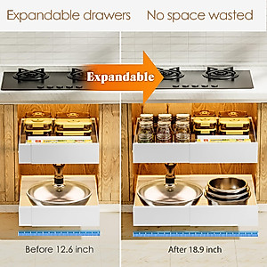HBL' 1 Pack | 16.9" Deep Pull Out Cabinet Drawer Organizer Adhesive, (12" to 20") Width Expandable Carbon Steel Roll-Out Drawers for Face Frame or Frameless Cabinets,Slide-Out Shelves for Pantry.