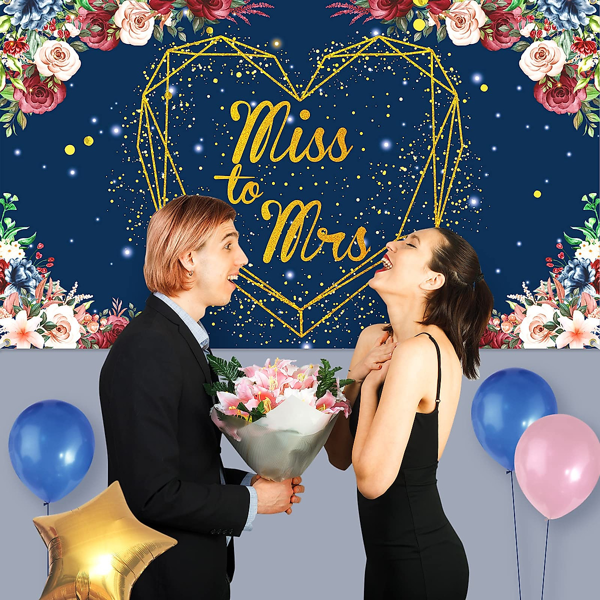 Miss to Mrs Banner Backdrop Navy Blue Flower Glitter Wedding Bridal Shower Background Bride to Be Party Banner Engagement Bachelorette Backdrops Photography Decorations Photo Booth Props 71 x 44 Inch