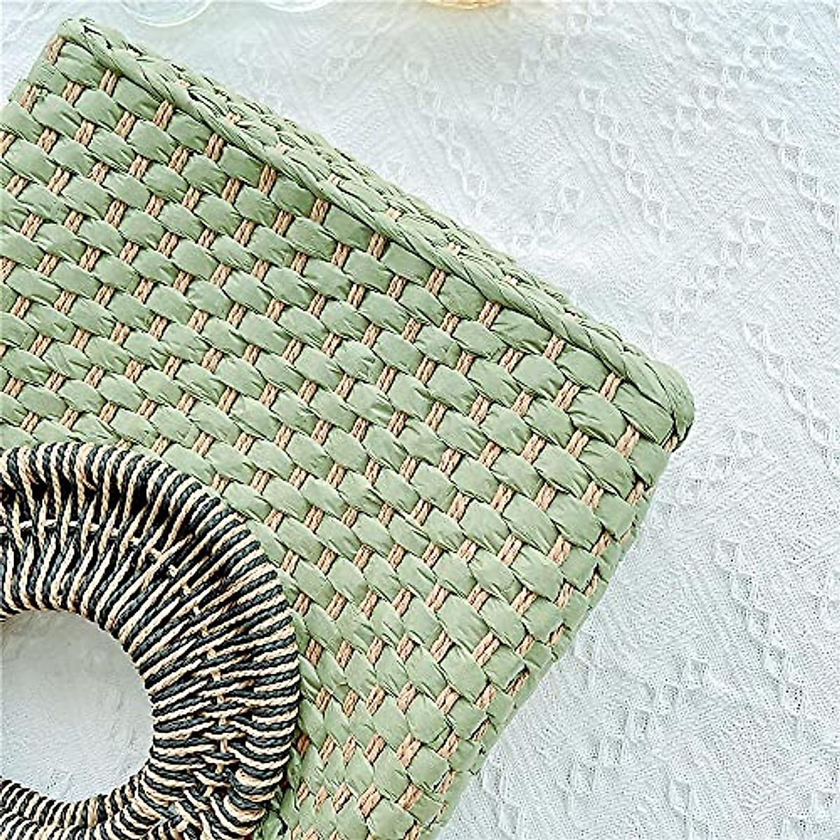 QTKJ Women Summer Retro Straw Bag with Zip Hand-woven Beach Handbag Top Round Handle Boho Tote Bag Shopping and Travel Large Bag (Green)