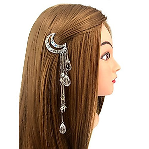 QTMY Moon Rhinestone Tassel with Crystal Beads Charms Hair Clip Pin Hair Chain Jewelry Hair Accessories (Silver)