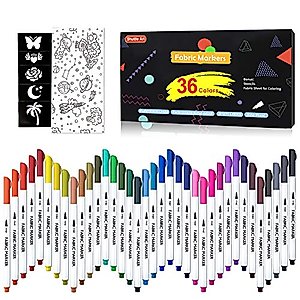 36 Colors Fabric Markers, Shuttle Art Fabric Markers Permanent Markers for T-Shirts Clothes Sneakers Jeans with 11 Stencils 1 Fabric Sheet, Permanent Fabric Pens for Kids Adult Painting Writing