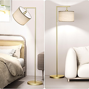 CNXIN Floor Lamp for Living Room with 3 Color Temperatures Standing Lamp with Adjustable Beige Linen Lampshade Tall Lamps for Bedroom Office Classroom Dorm Room, 9W LED Bulb Included, Gold