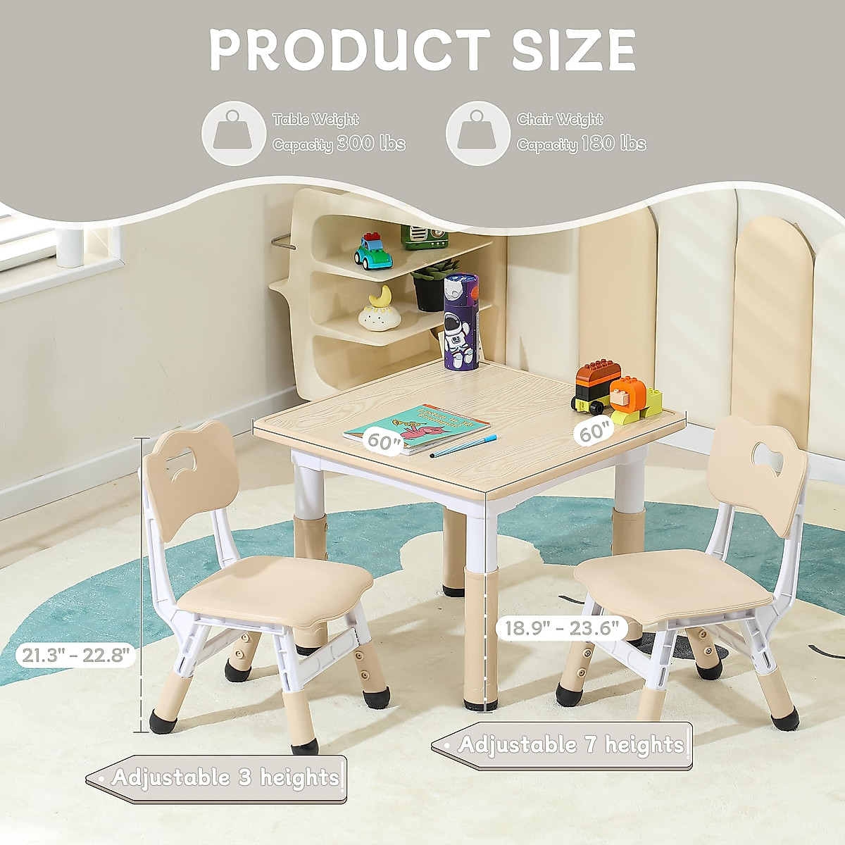 IFLETH Kids Table, Toddler Table and Chair Set, Height-Adjustable Kids Table and Chairs with 23.5''Lx23.5''W Graffiti Desktop, Table Chair for Ages 3-8, Child Table and Chair Set