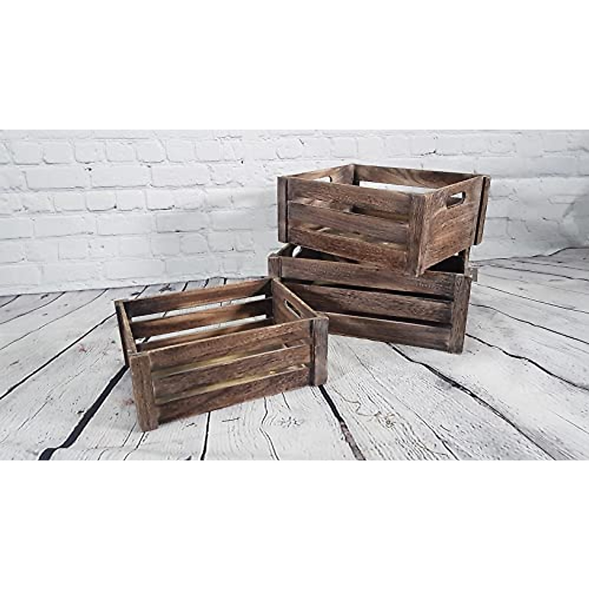 Admired By Nature Wooden Crates Storage Container, Rustic Light Brown Set of 3, Farmhouse Style Decorative Baskets for Home Decor, Rustic Decor, Nesting Stackable Organizers, Distressed Wood Crates