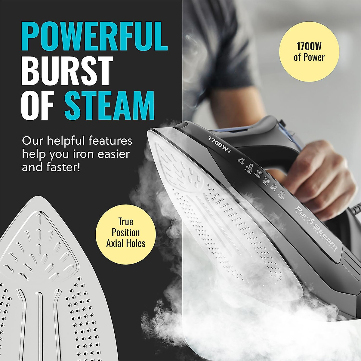Pursteam World's Best Steamers Steam Iron for Clothes 1700W with Self-Cleaning Nonstick Stainless Steel Soleplate, Auto Shutoff, Anti-Drip