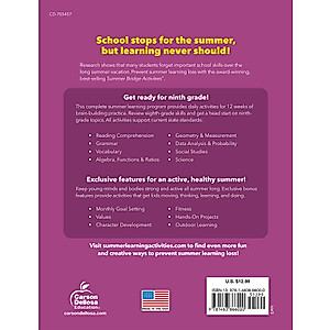 Summer Bridge Activities 8th to 9th Grade Workbooks, Math, Reading Comprehension, Writing, Science, Social Studies, Fitness Summer Learning, 9th Grade Workbooks All Subjects With Flash Cards