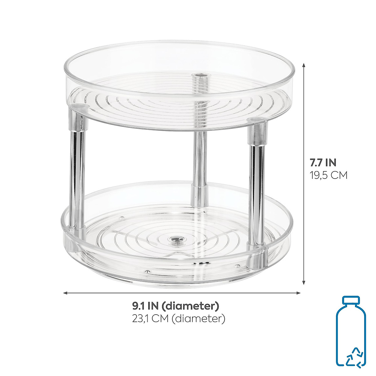 InterDesign Linus Two-Tier Lazy Susan Turntable Spice Organizer Rack for Kitchen - 9", Clear/Chrome