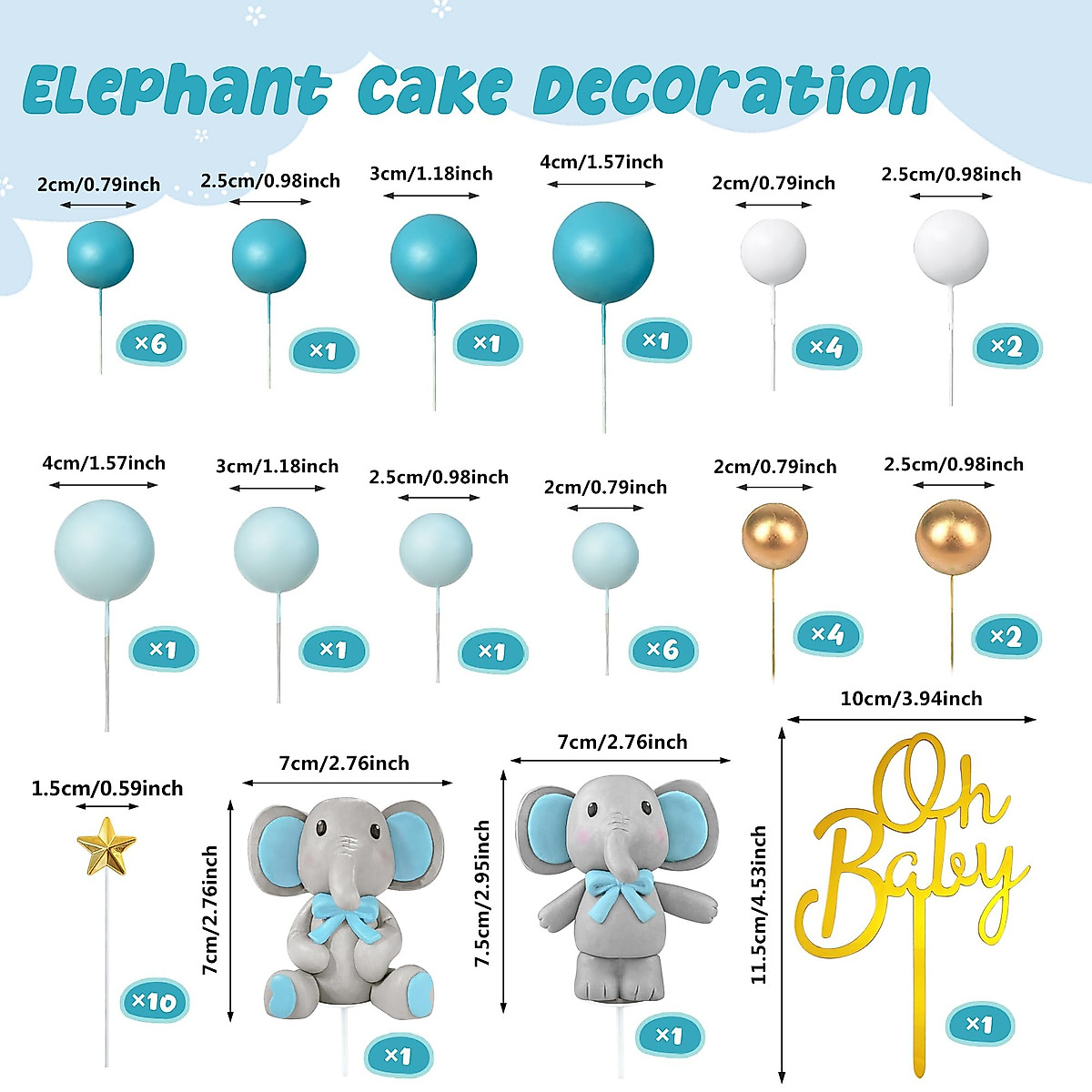 43 PCS Blue Elephant Cake Decoration Cute Baby Elephant Cake Decorations Oh Baby Cake Topper Star Cake Topper Blue Pearl Balls Cake Picks for Baby Shower Boy Elephant Theme Party Supplies