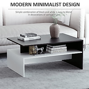 HOMCOM Modern Coffee Table, 2-Tier Rectangular Center Table with Storage Shelves for Living Room, Black/White
