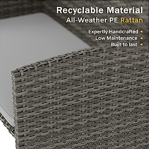 LHBcraft 4-Piece Patio Furniture Set Outdoor Wicker Rattan Chairs and Loveseat with Cushions and Glass Table for Garden, Backyard, Balcony, Porch, or Poolside - Grey and Grey