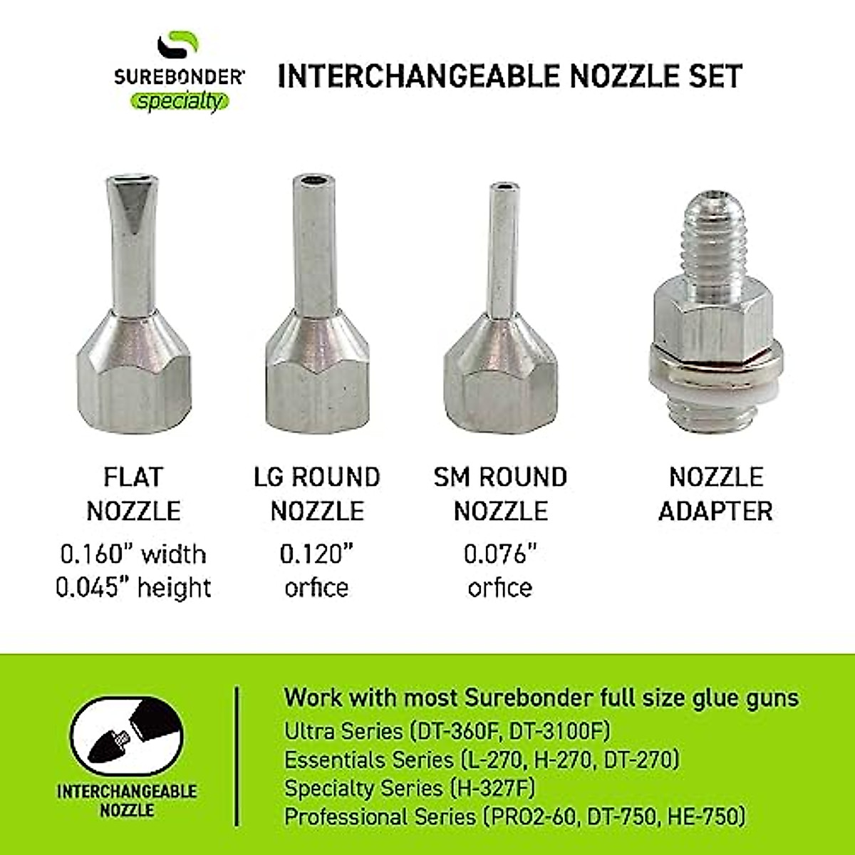 Surebonder Interchangeable Hot Glue Gun Nozzles - 4 Pack Includes Adapter, Small & Large Round Nozzles, Flat Nozzle - Made of Aluminum for Durability & Smooth Glue Flow