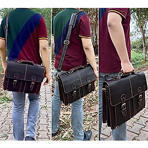 RUSTIC TOWN Handmade 16 inch Brown Leather Shoulder Briefcase Messenger Bag Men's 15.6-inch Laptop Satchel