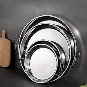 Steamed Rice Tray Cold Noodle Making Plate Stainless Steel Pan Restaurant Tray Cake Dish Kitchen Serving Tray With Double Handle Tableware(28cm)