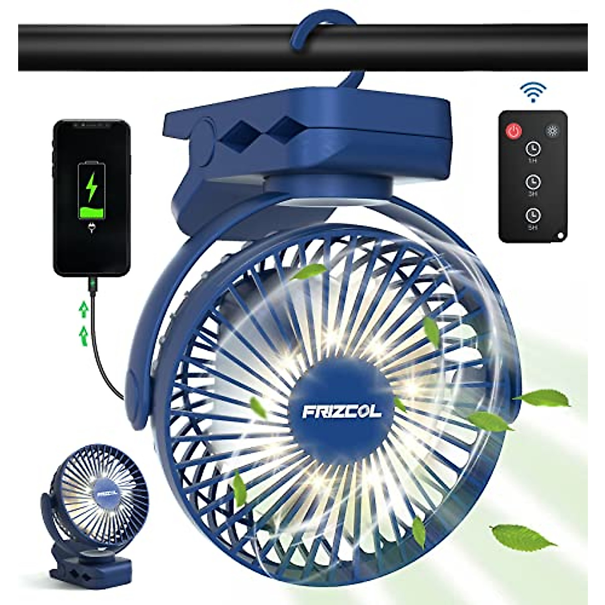 Clip on Fan 65 Hours Portable Desk Fan Rechargeable with LED Lights & Hooks 12000 Capacity Battery Operated Fan with Clips Small Desk Fan Mini Fans for Tents Travel Outdoor Camping Golf Cart Stroller