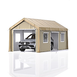 GarveeLife 10 x 20 ft Carport Heavy Duty, Portable Garage with 4 Roll-up Doors, 4 Mesh Windows, 180 g PE Tarps, and 8 x 1.0 mm Poles, for Full-Size Pickups, Bass Boats, and SUVs, Khaki