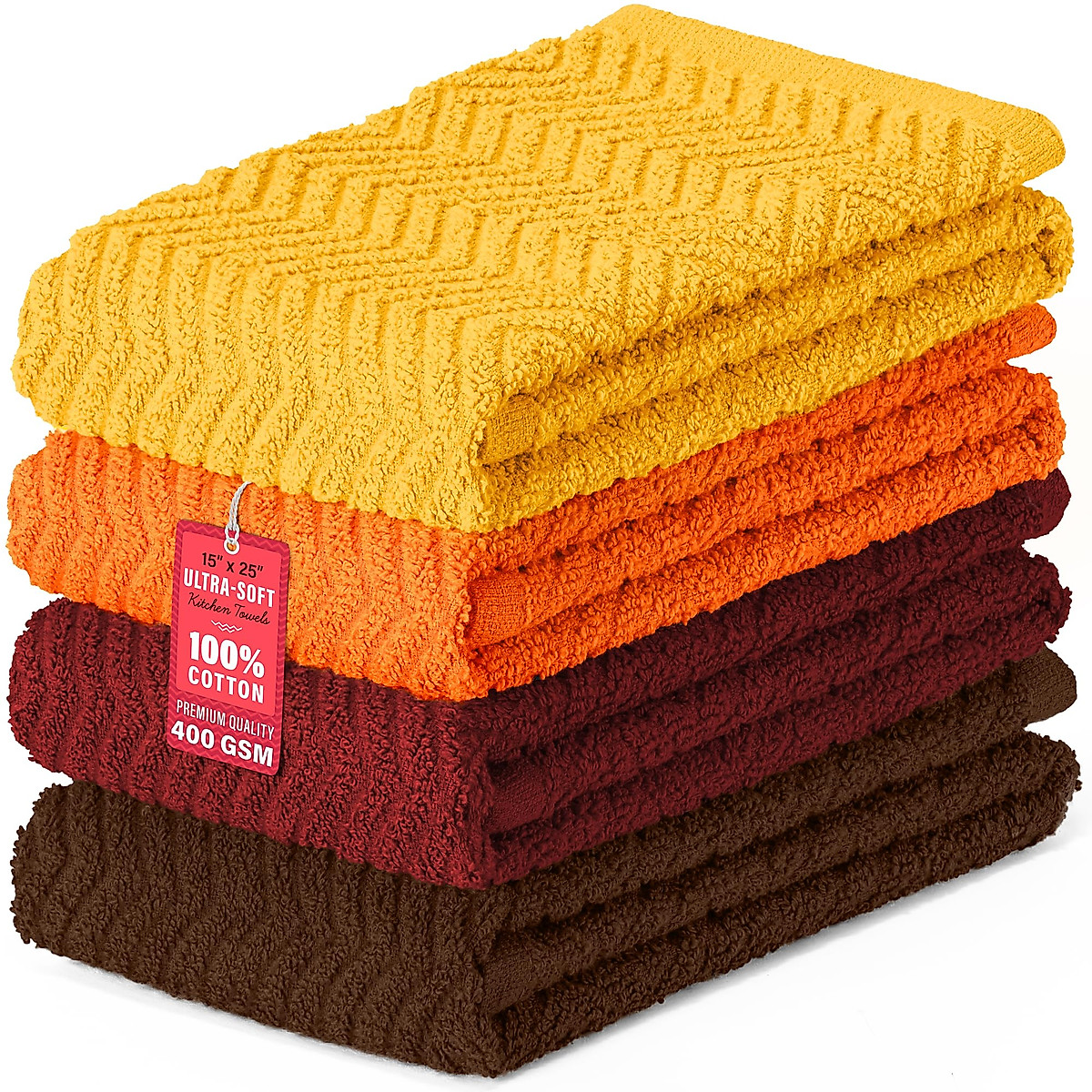 DecorRack 100% Cotton Kitchen Towels, 15" x 25" Absorbent Dish Towels [Premium Quality 400 GSM] Fall Set (Pack of 4)