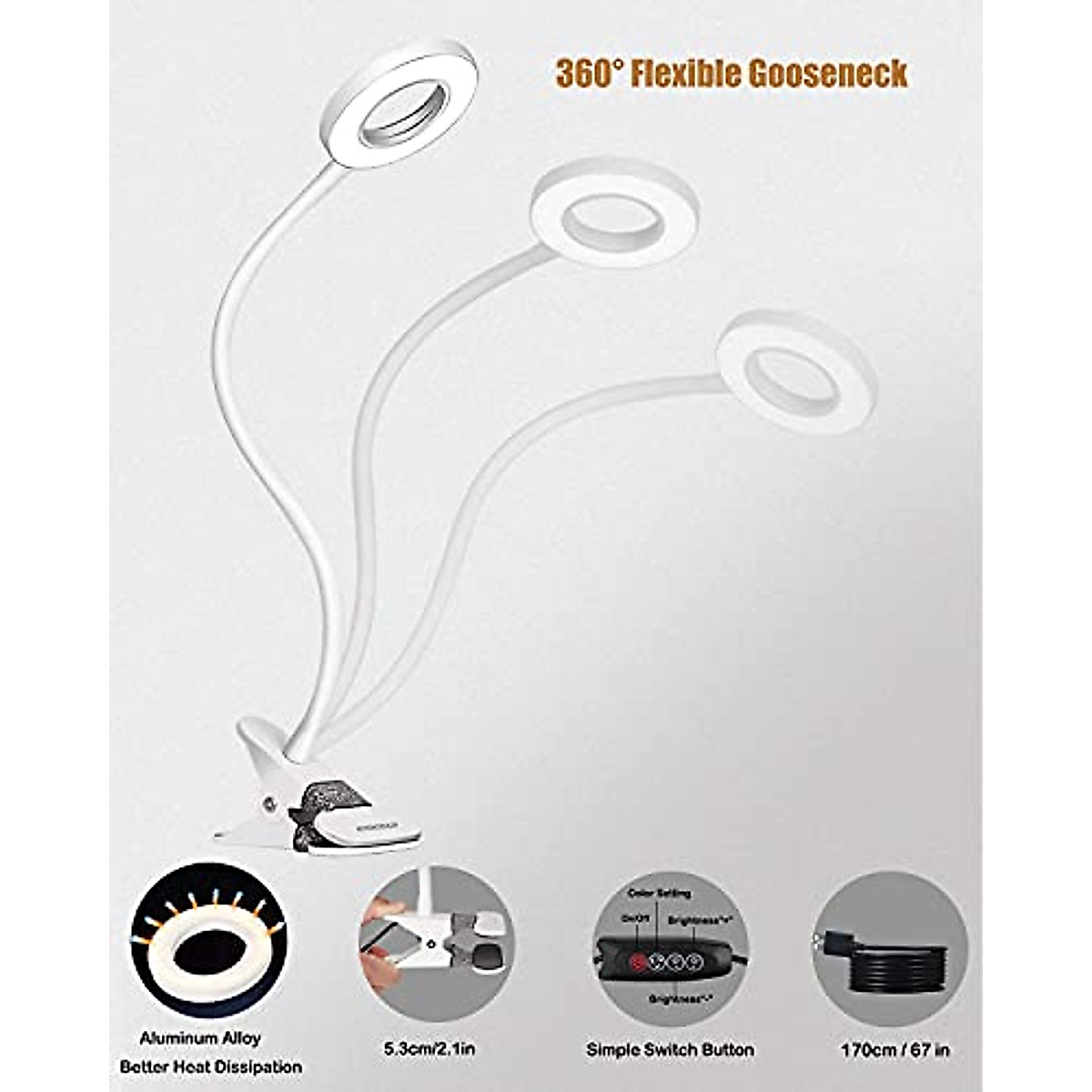 EYOCEAN LED Clip on Light Reading Light, USB Eye-Care Reading Light for Headboard, 3 Modes & 10 Dimming 7W Clamp Desk Lamp, 360°Flexible Gooseneck Night Light(Adapter Included), White