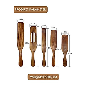 EVERQUEIN Spurtles Kitchen Tools Wooden 5pcs Cooking Utensils Set As Seen on Tv, Natural Premium Acacia Wood Spatula Slotted Spoon, Friendly for Non-Stick Cookware, Serving (Wood)