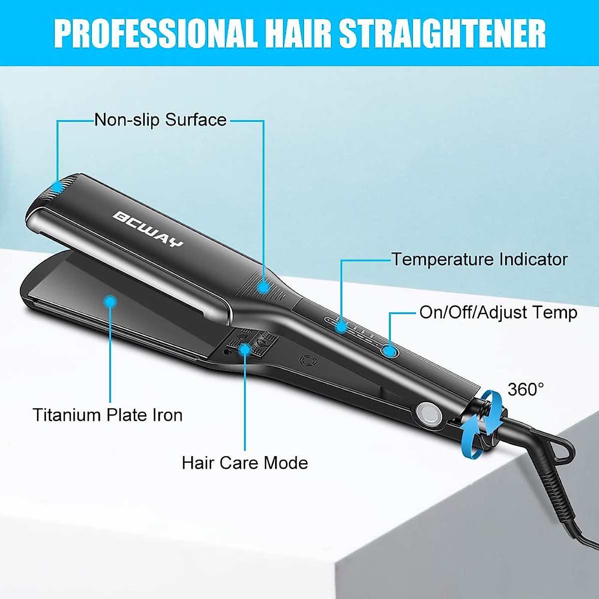 Bcway Professional Hair Straightener, 2.16'' Extra-Large Floating Titanium Flat Iron, Anti-Static 30s Instant Heating Straightening Iron with 5 Adjustable for All Hair Types