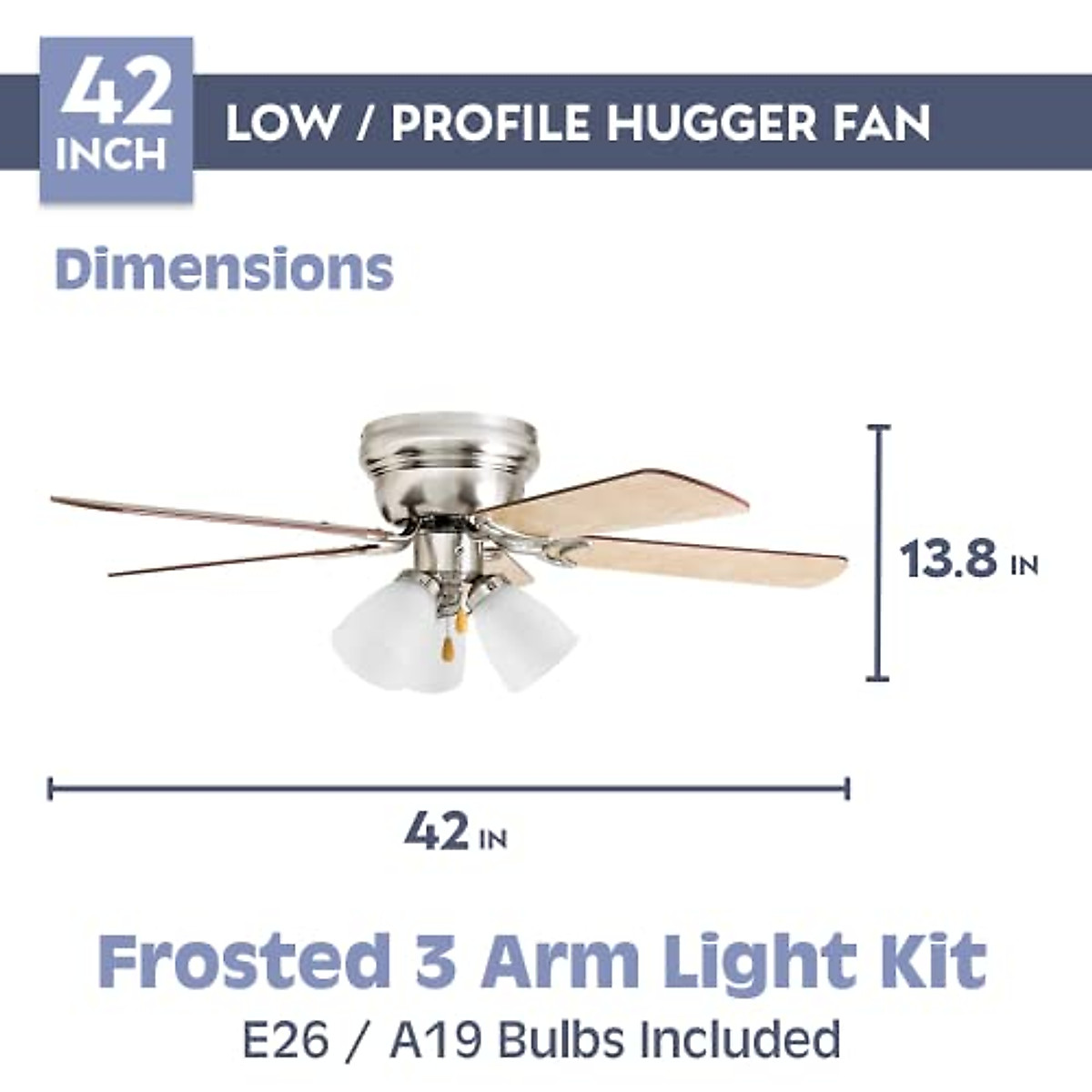 Prominence Home Whitley, 42 Inch Traditional Flush Mount Indoor LED Ceiling Fan with Light, Pull Chain, 5 Dual Finish Blades, Reversible Motor - 50863-01 (Satin Nickel), Bright Brass