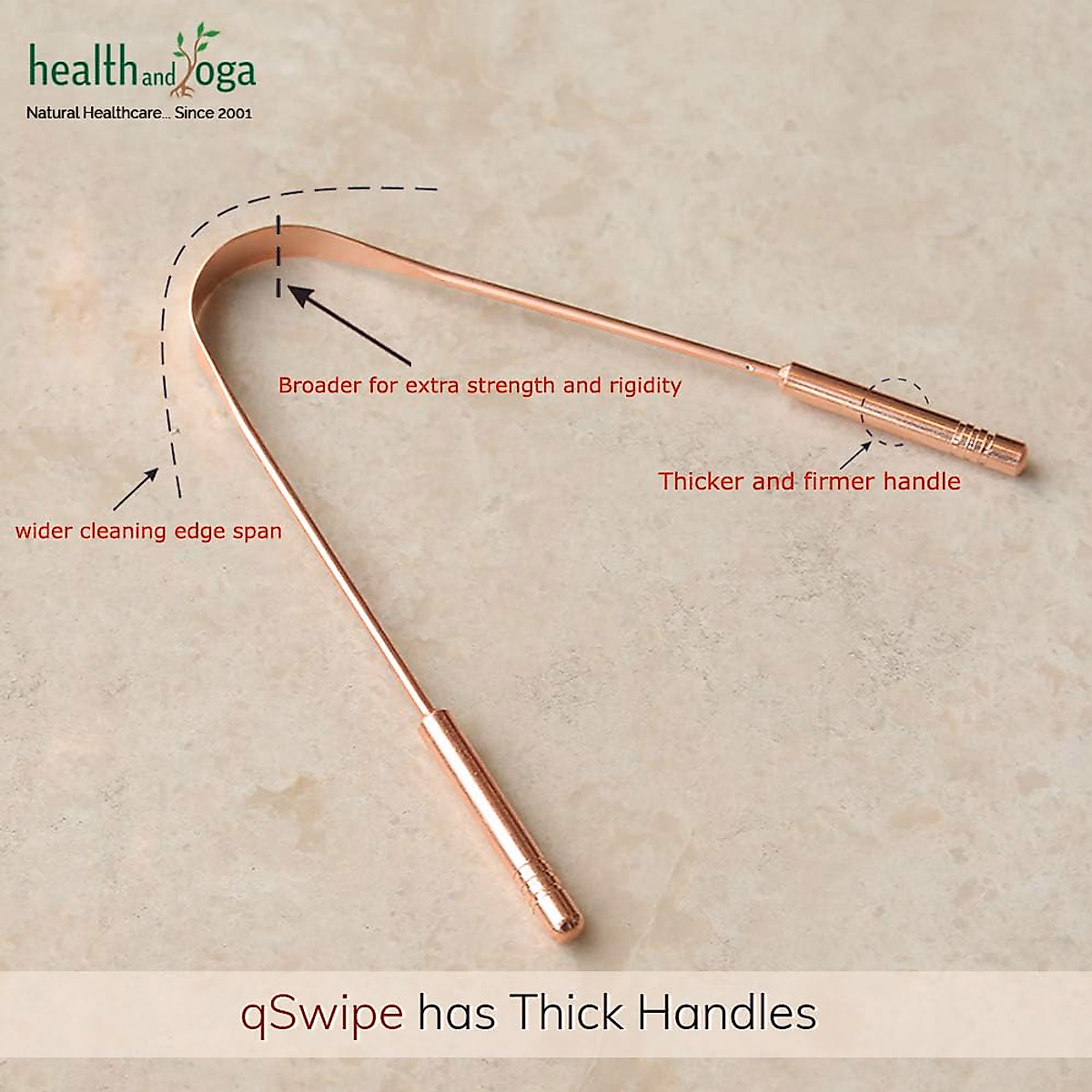 HealthAndYoga™ qSwipe Copper Tongue Cleaner Scraper - Hygienic, Non-Synthetic Grip – Tongue Brush Cleaner (Copper - 2-Pack)