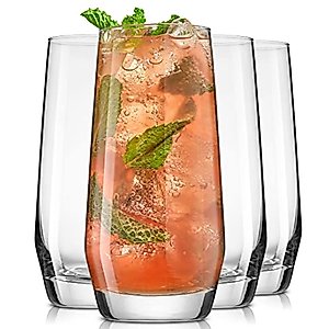 JoyJolt Gwen 18oz Highball Glasses, 4pc Tall Glass Sets. Lead-Free Crystal Glass Drinking Glasses. Water Glasses, Mojito Glass Cups, Tom Collins Bar Glassware, and Mixed Drink Cocktail Glass Set