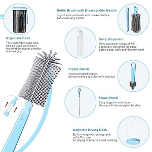 Travel Bottle Cleaner Kit with Baby Bottle Drying Rack, Silicone Liquid Brush, Nipple Brush, Straw Brush, Bottle Soap Dispenser, Baby Bottle Scrubber Brush - Portable Baby Bottle Brush Set, Blue