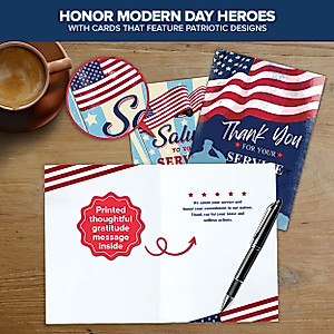 Decorably 8 Pack Thank You for Your Service Cards for Veterans with Envelopes & Stickers - 4 Designs Printed Message Inside Patriotic Cards with Envelopes, 5x7in Veterans Day Cards