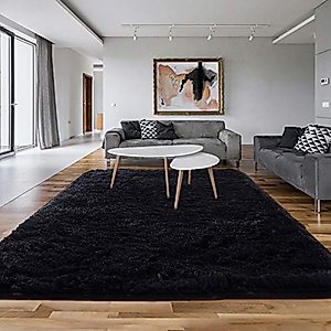 Asvin Area Rug, Fluffy Living Room Luxury Large Non-Skid Soft Plush Furry Washable Fleece Floor Carpets for Bedroom Home Décor, Kids, (5x7 Feet, Black)